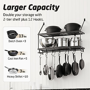 KES 30-Inch Kitchen Pot Rack - Mounted Hanging Rack for Kitchen Storage and Organization- Matte Black 2-Tier Wall Shelf for Pots and Pans with 12 Hooks - KUR215S75B-BK