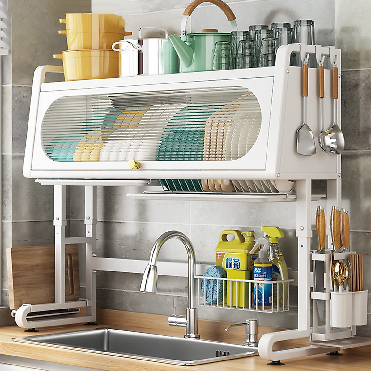 Adjustable (28.34"-31.49") 3 Tier Over The Sink Dish Drying Rack with Cover Large Dish Rack Drainer for Kitchen Storage Counter Above Sink Dish Rack
