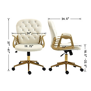 cayglow Velvet Office Desk Chair Comfy with Gold Base, Comfortable Makeup Chairs for Vanity with Back and Wheels,Button Tufted Armchair Swivel Rolling Chair,for Girls Women Study Bedroom,Beige