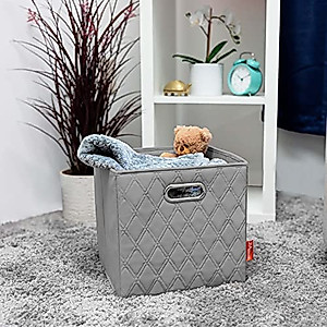 JIAessentials 12 inch Gray Foldable Diamond Patterned Faux Leather Storage Cube Bins Set of Two with Handles for living room, bedroom and office storage