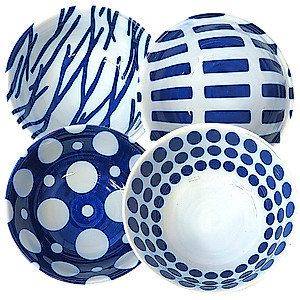 Ceramic Donburi Bowl Set, Miso Soup Bowls with Blue and White Eclectic Floral Designs, Kitchenware Housewarming and Wedding Shower Gifts, 5 Inches