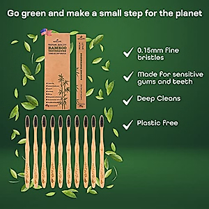 Bamboo Aesthetic Toothbrush Wood Set of 10 | Ultra Soft Bristles | Black Charcoal Infused | American Brand | Upgrade Hygiene & Reduce Waste | Brushes Teeth Care | Earth Friendly | Plant Based