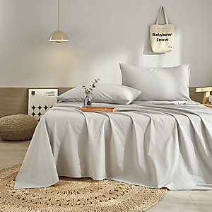 Full Size Sheets Set Grey Bed Sheets Deep Pocket 4 Piece Bedding Sheets & Pillowcases Set, Hotel Luxury Silver Grey Sheets 100% Washed Cotton Breathable Cooling Sheets, Fade, Stain, Shrink Resistant