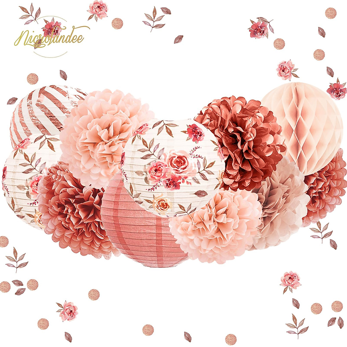 NICROLANDEE Wedding Decorations, 12PCS Rose Gold Paper Lanterns Tissue Pom Poms Confetti Decor for Bridal Shower Bachelorette Valentines Party, Rose Gold Pink Girl Birthday Party Decoration
