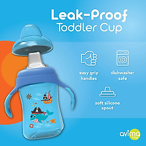 Avima Baby 10 oz Spill Proof Baby Sippy Cup w/Interchangeable Soft Spout Nipple - Trainer Sippy Cup with Handles - BPA Free & Dishwasher Safe Kids Cups - Set of 2, Blue