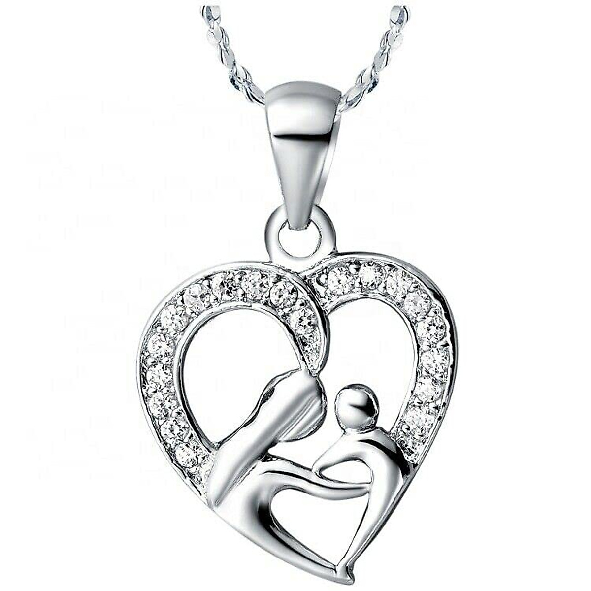 Navnita Jewellers 1.00 Ct Round Cut Diamond Mom-Child Heart Pendant Necklace With 18" Chain 14k White Gold Plated