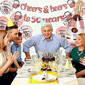 50th Rose Gold Birthday Party Decorations for Women, Cheers to 50 Years Banner, 32Inch Number 50 Rose Gold Foil Balloon and Confetti 50th Latex Balloons Cheers Foil Balloons for Her Women Anniversary