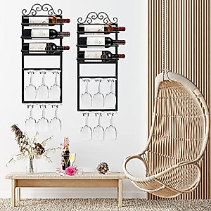 AUHOKY Wine Glass Rack Wall Mounted, 5 Layers Hanging Metal Wine Bottle Holder Organizer Holds 3 Bottles 6 Stemware Glasses, Wine Display Storage Holder for Kitchen Dining Room Bar Decor