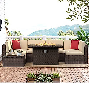 Aoxun 8PCS Patio Furniture Set with 44" Fire Pit Table Outdoor Sectional Sofa Set Wicker Furniture Set with Coffee Table, Brown Wicker
