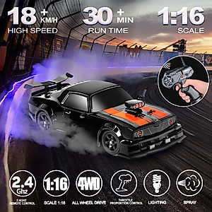 Remote Control Car RC Drift Car 1:16 Scale 4WD 18KM/H High Speed Model Vehicle 2.4GHz with LED Lights Spray Rubber Tire Racing Sport Toy Car for Adults Boys Girls Kids Gift 2Pcs Rechargeable Batteries