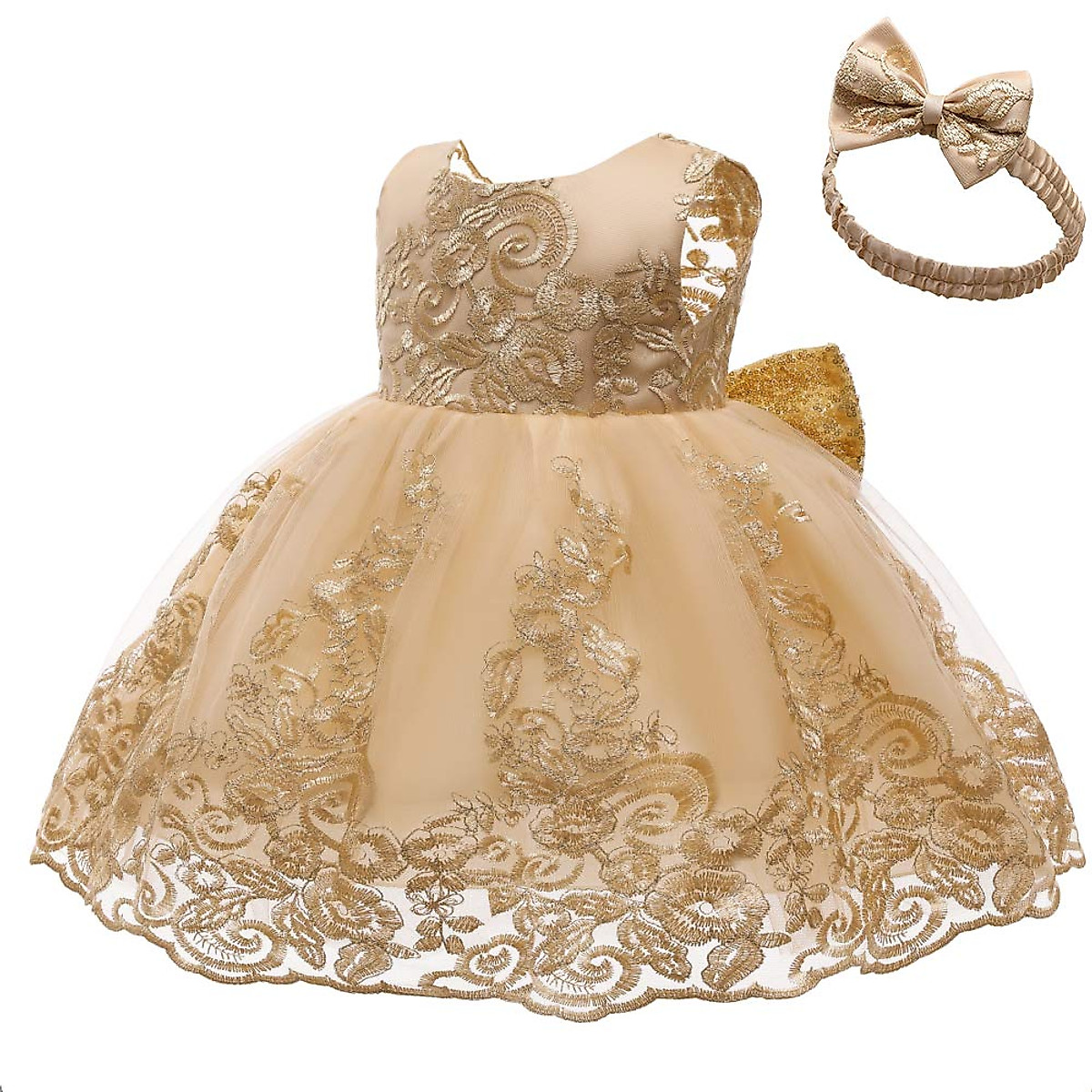 Christening Embroidery Lace Birthday Christmas Easter Flower Baby Girl Dress Princess Formal Prom Tutu Ball Gown 3M Gold B 60