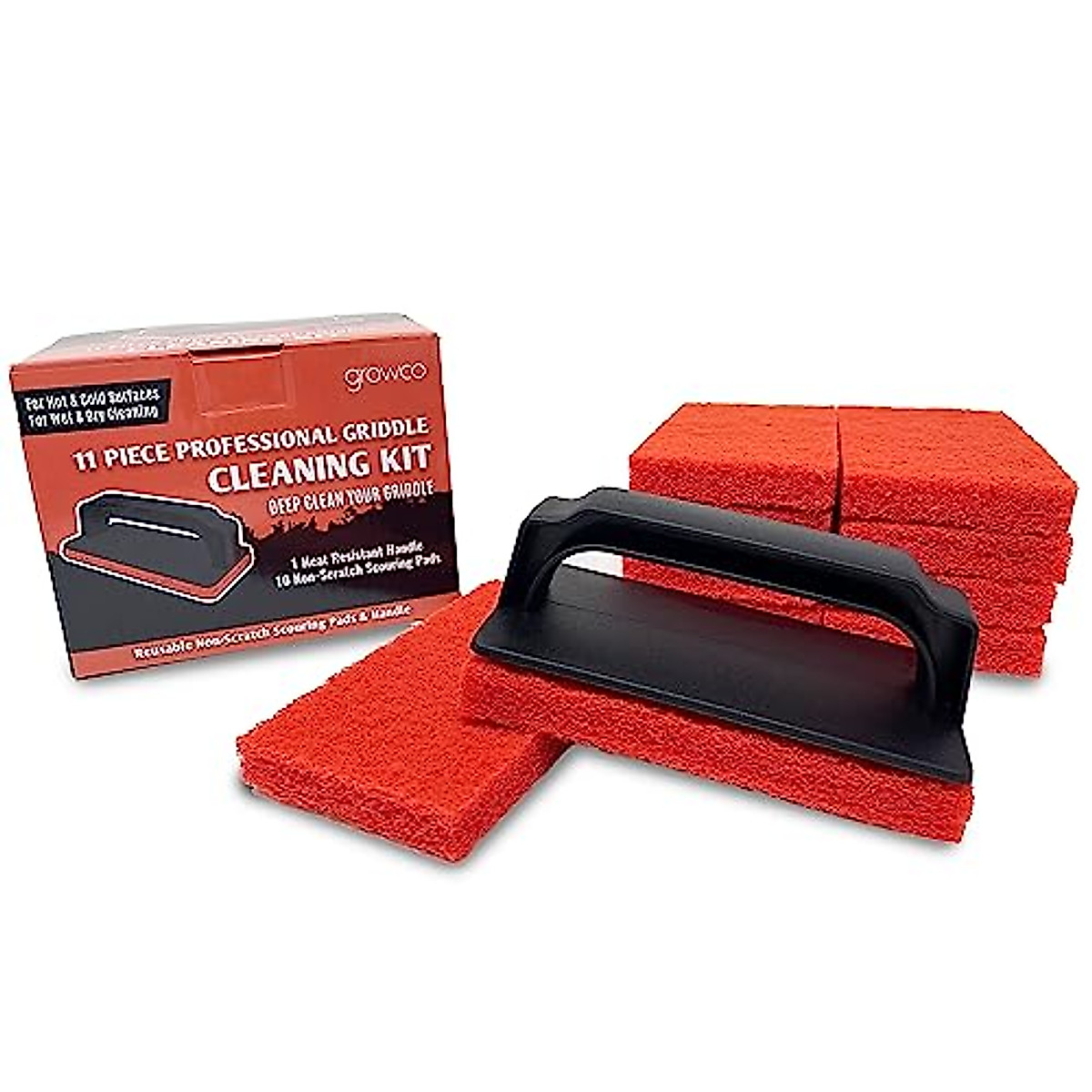 11-Piece Griddle Cleaning Kit | Flat Top Grill Cleaner for Blackstone | 10 Non-Scratch Scouring Pads and 1 Handle