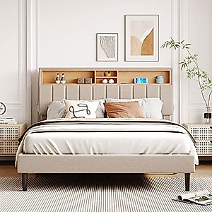 Merax Modern Upholstered Bed Frame with Storage Headboard and USB Port Wood Platform Bed No Box Spring Needed/Space Saving Queen, Beige