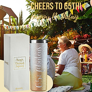 Onebttl 65 & Fabulous 20 Oz Insulated Stainless Steel Wine Tumbler, 65th Birthday Gifts Party Supplies Decorations for Women Funny Tumbler Gifts Idea for Friends Her Wife Mom Coworkers, Glitter Gold