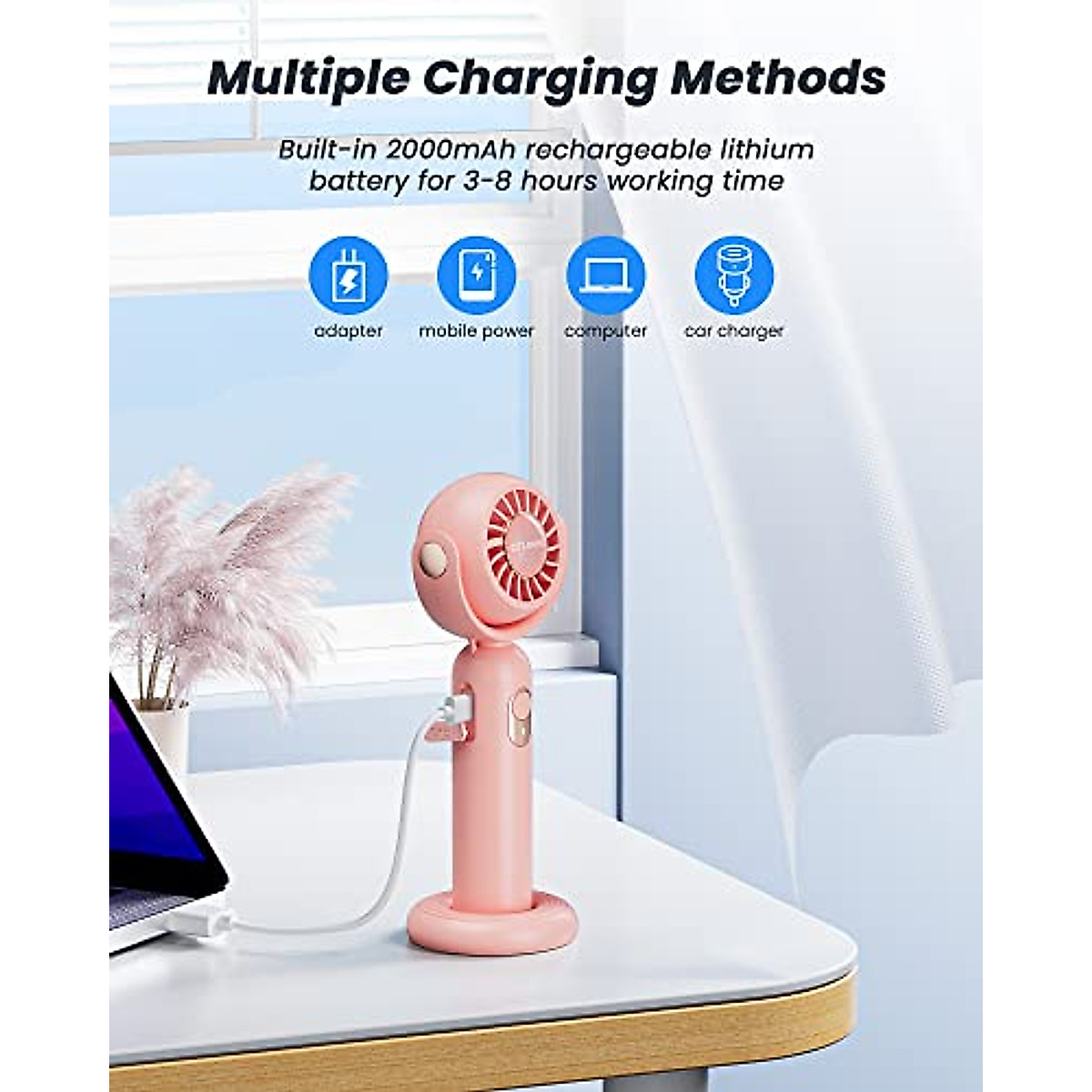 Otlonpe Handheld Fan, Mini Portable Fan[Hand Desk Neck 3 IN 1], Turbo Hand Held Fan 130°Rotatable Rechargeable Personal Fan, Small Hand Fan with 3 Speeds/Base/Lanyard for Travel Outdoor Home Office