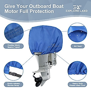 Explore Land Outboard Motor Cover - Waterproof 600D Heavy Duty Boat Engine Hood Covers - Fit for Motor 50-115 HP, Blue