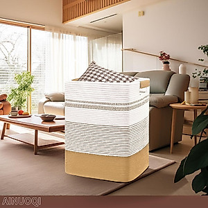 AINUOQI Laundry Hamper - 85L Large Laundry Basket with Leather Handles, Decorative Storage Basket for Blankets - Cotton Rope Woven Baskets for Storage, Clothes Hamper for Living Room, Jute & White