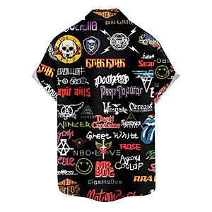 Bhlounplo Button Down Shirt Men Rock and Roll Punk Print Pocket Lapel Hawaiian Casual Loose Short Sleeve Shirt-Black-2-XXXL
