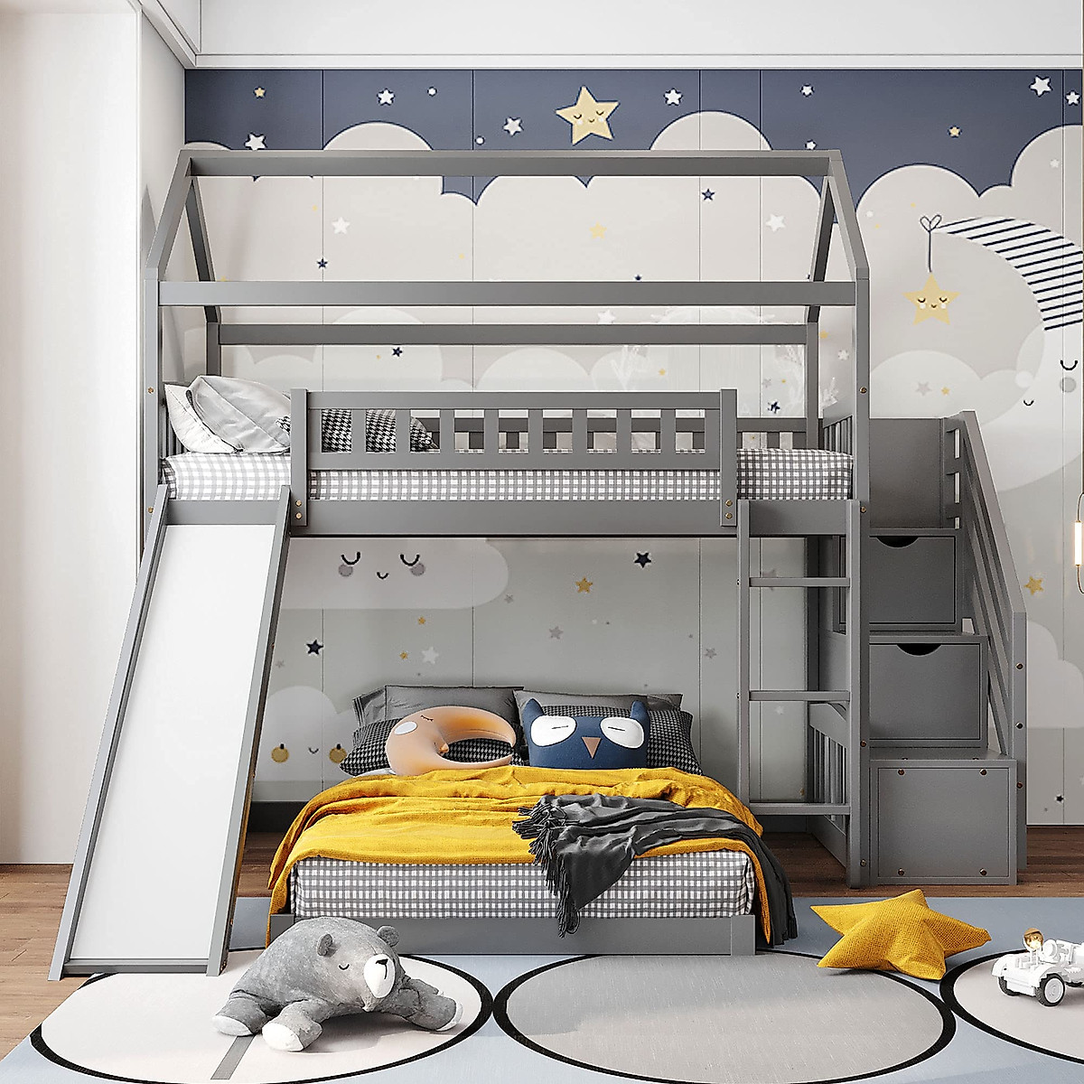 Harper & Bright Designs House Bunk Bed with Slide, Wood Twin Over Twin Bunk Bed Frame with Stairs and Roof for Kids, Teens, Girls, Boys (Gray)