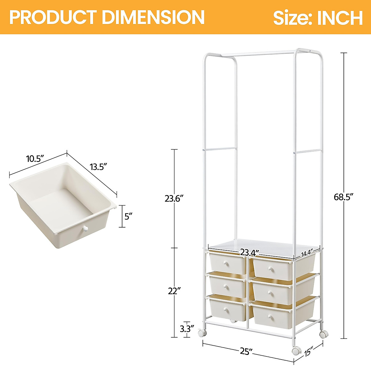 Yaheetech Clothes Rack with Drawers, 68.5 Inch Heavy Duty Garment Rack with Wheels, Portable Closet Organizers and Storage for Hallway, Bedroom Beige