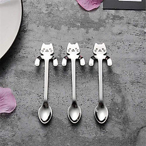 ekqw015l 1 Piece Cute Cat Spoon Long Handle Spoons Flatware Drinking Tools Kitchen Gadget |Baby Stainless Steel Dessert Cake Coffee Spoon Cutlery– Teaspoons,Coffee spoons Soup Spoons Silver