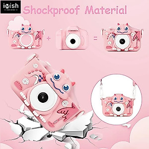 iMisH Upgrade 48M Kids Camera for Girls Boys Age 3-9, 1000mAh Large Battery with 1080p Video Camera for Kids - Shockproof Silicon Case and 32GB TF Card, Toddler Camera for Selfie (Pink)