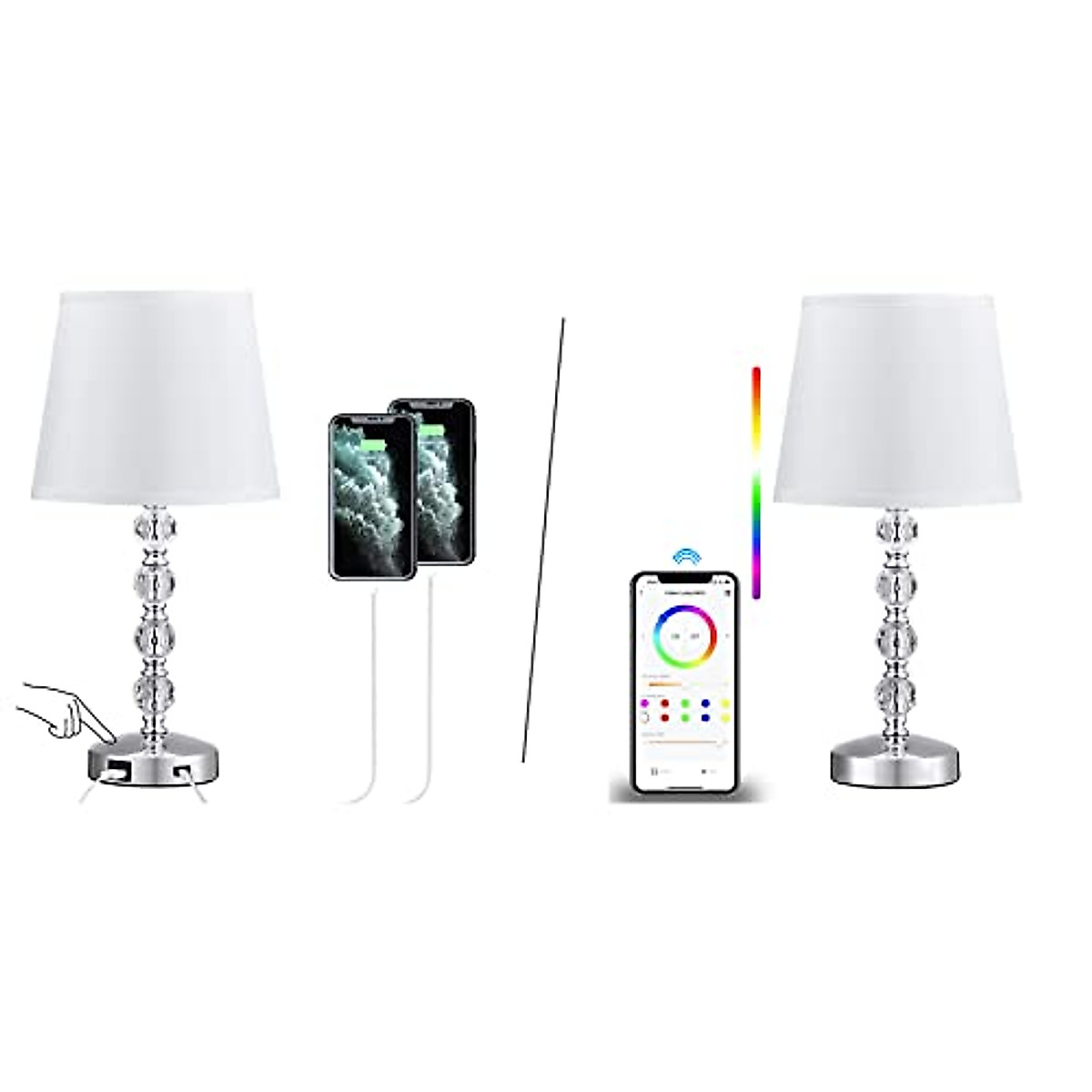 Unfusne Crystal Lamps for bedrooms Set of 3, Set of 2 Touch Control Table Lamps, Set of 1 RGB Smart Lamp