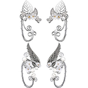 2 Pairs Chic Elf Ear Cuffs Pearl Wing Handcraft for Cosplay Elven Cuff Wrap Earrings for Elven Halloween Costume, Cosplay, Wedding