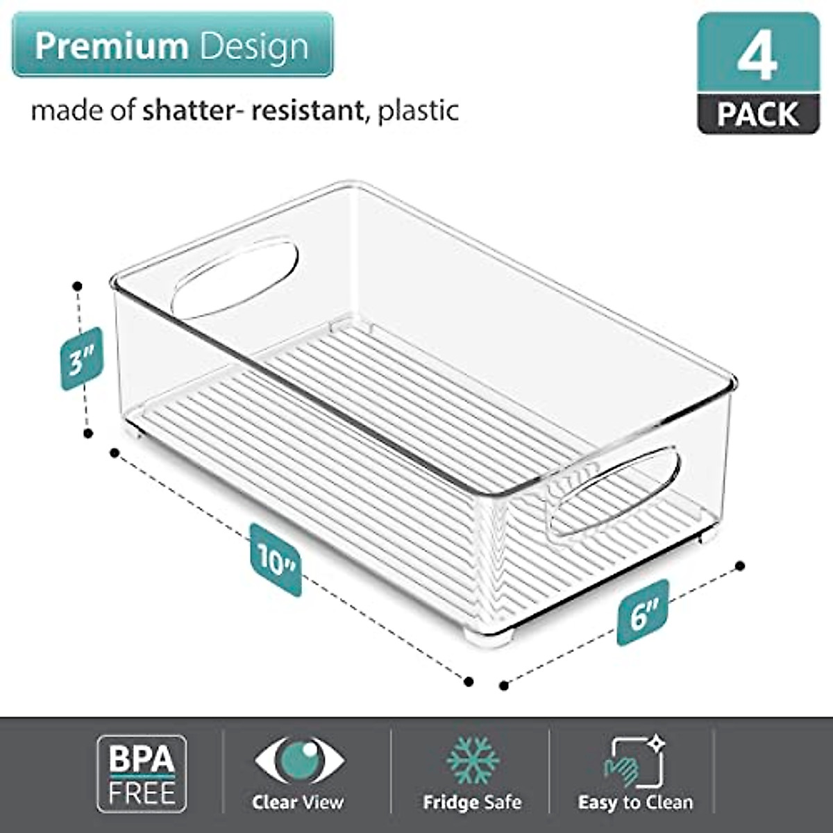 Stackable Refrigerator Organizer Bins - Clear Storage Bins for Kitchen Pantry, Freezer & Fridge Organization - Food Organizing Plastic Containers with Handles for Countertops & Drawers - (4 Pack)