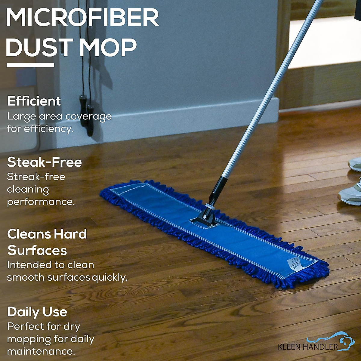 KLEEN HANDLER 36 Inch Microfiber Dust Mop, Large Washable Commercial Dust Mop, Sweeper, Janitorial Dust Mop Head Replacement, Push Mop Broom, Blue