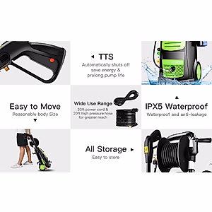 mrliance Electric Pressure Washer 1.8GPM Power Washer 1800W High Pressure Washer Cleaner Machine with 4 Interchangeable Nozzle & Hose Reel, Best for Cleaning Patio, Garden,Yard