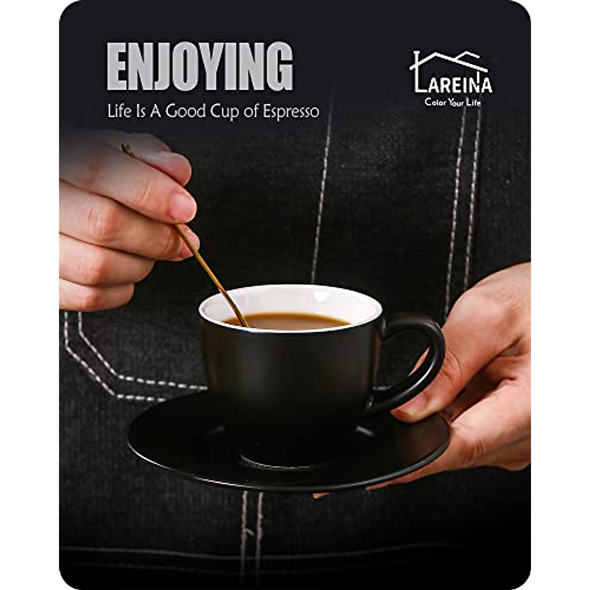 Lareina Espresso Cups with Saucers, Spoons and Metal holder, 3 oz Porcelain Demitasse Cups Set of 6, Small Coffee Cups with Handle for Nespresso Lungo, Espresso, Cortado and Tea, Black