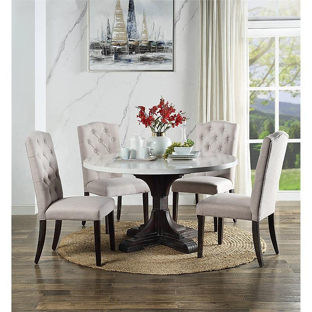 Acme Furniture Rectangular Marble Top Dining Table, White/Weathered Espresso