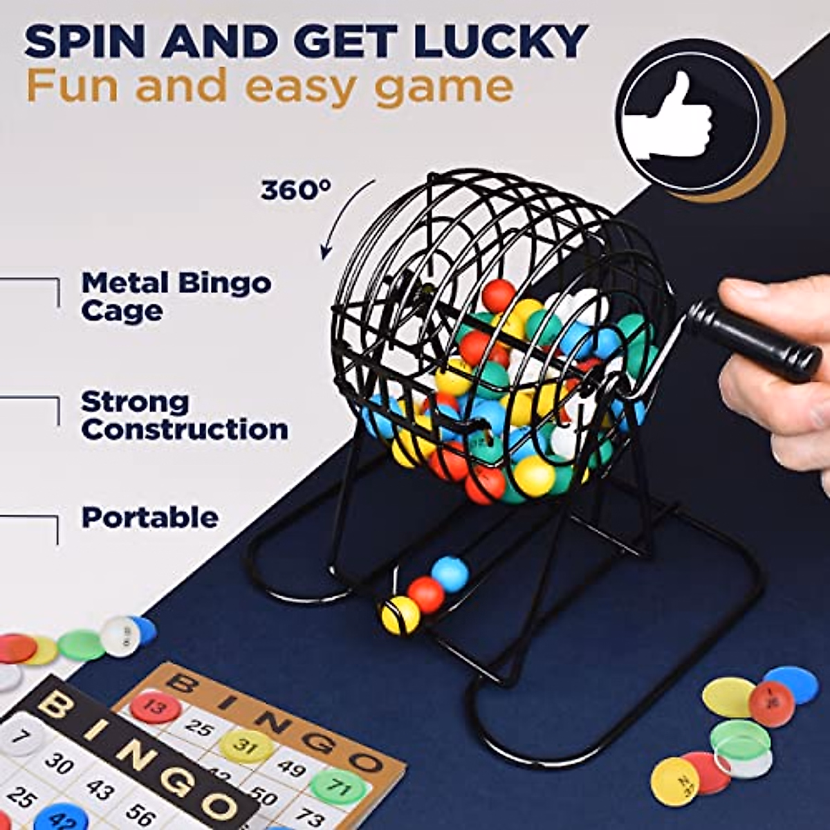 Bingo Game for Adults and Kids– Family Bingo Game Set with Bingo Cards, 150 Bingo Chips and Metal Bingo Cage – Perfect Board Game for Large Groups