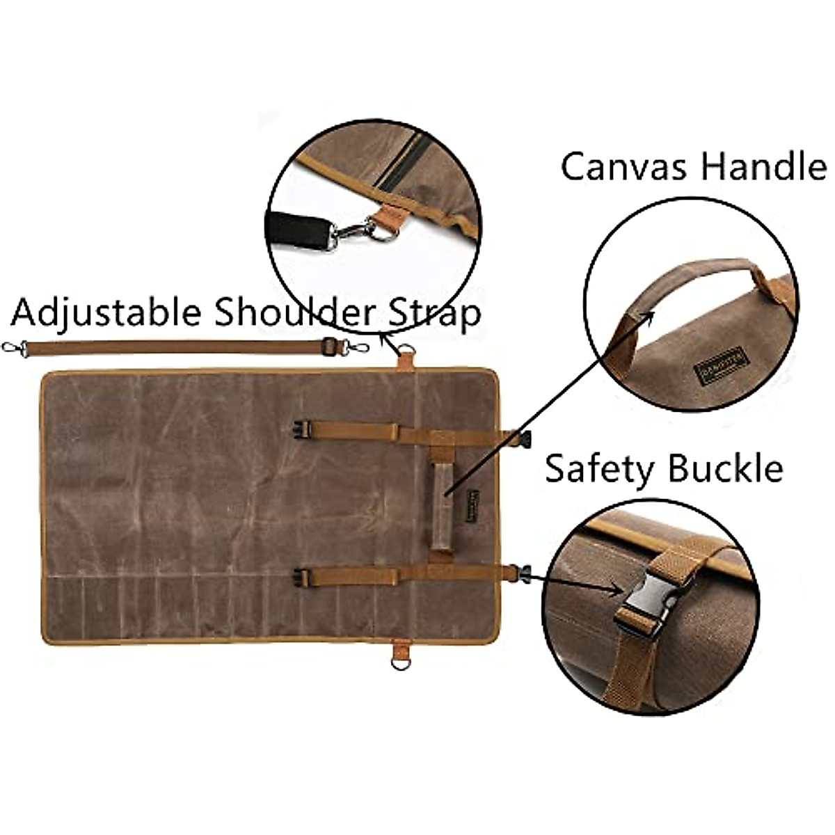 Denifiter Professional Chef's Knife Bag with Anti Cutting Fabric Inside, Heavy Duty 16oz Waxed Canvas Knife Roll, 11 Slots & Durable Handle Adjustable Shoulder Strap (Grey)