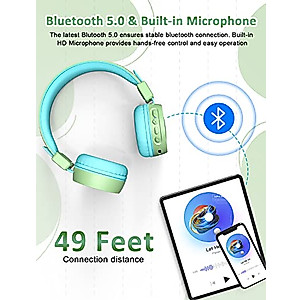 New bee Kids Bluetooth Headphones with Microphone Bluetooth 5.0 Wireless Kids Headphones with 32H Playtime/94dB Volume Limited On Ear Headphones for School/Girls/Boys/iPad/Fire Tablet(Matcha Green)