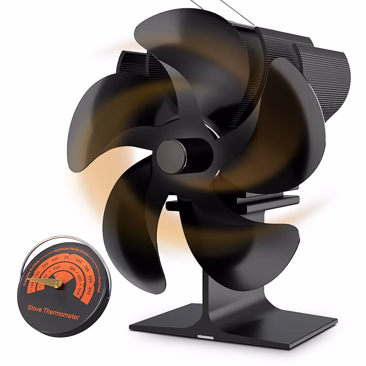SIMPFUN 5-Blade Fireplace Fans, Fast Start Heat Powered Stove Fan for Wood, Ultra Quiet Circulating Warm Air Saving Fuel Efficiently for Gas/Pellet/Wood/Log Stoves with Magnetic Thermometer