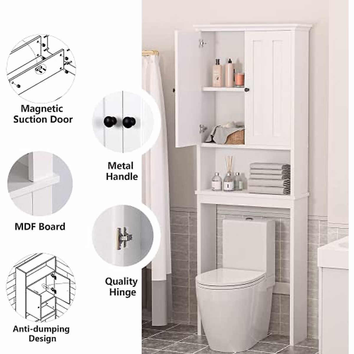 Angel Sar Over The Toilet Storage Cabinet, Space-Saving Bathroom Shelf, Bathroom Organizer with Open Shelf and Doors, White1