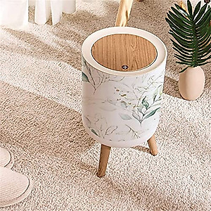 Small Round Trash Can Watercolor Floral Botanical Green Gold Leaves Branches Recycle Bins with Press Top Lid Dog Proof Wastebasket for Kitchen Bathroom Bedroom Office 7L/1.8 Gallon