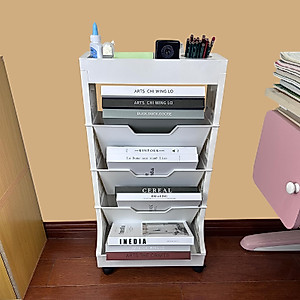 Drcoevo 5 Tier Rolling Book Utility Cart, Removable Movable Bookshelf Organizer with Wheels, Storage Book Shelves, Book Rack, Mobile White Bookcase for Study in Classroom Home School Office