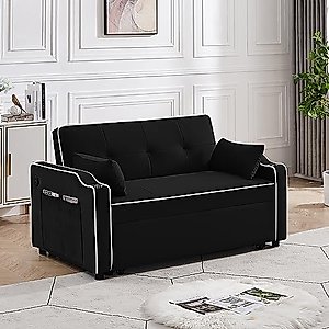 ERYE 3-in-1 Upholstered Futon Sofa Loveseat Convertible Sleeper Couch Bed,2-Seaters Sofa & Couch Soft Cushions Love Seat Daybed for Small Space Living Room Napping Black W/USB Ports and Cupholders