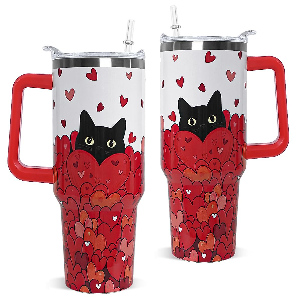 Nqhsionv Valentines Cat Tumbler with Handle 40 oz Cute Black Cat Love Hearts Coffee Travel Mug Stainless Steel Insulated Cup Valentines Anniversary Wedding Birthday Gifts for Women Cat Lover