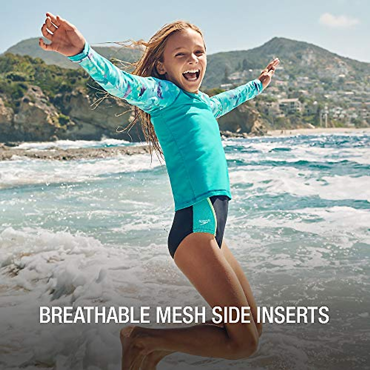 Speedo Girl's Swimsuit One Piece Mesh Splice Thick Strap , Cyan, 16