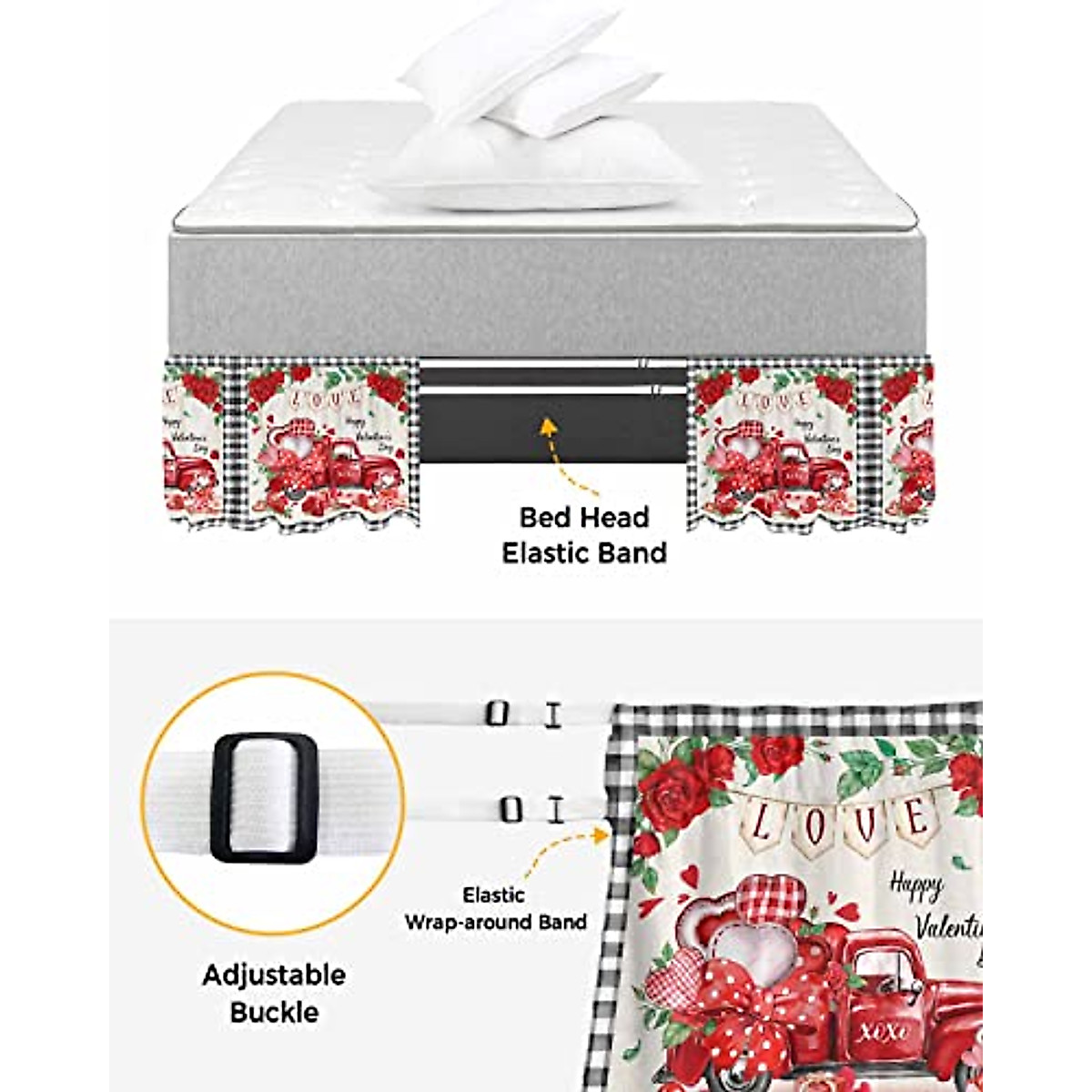 Valentine's Day Bed Skirt King Size 18 Inch Drop,Adjustable & Elastic Wrap Around Bed Skirts Pleated Dust Ruffles for Twin Full Queen Cal King Bed,Red Truck Spring Saint Rose Love Black Plaid Check