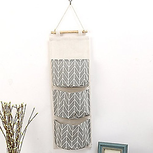 Dolland 1 Pc Linen Cotton Fabric Wall Door Closet Hanging Storage Bag 3 Pockets Over the Door Organizer ,Gray