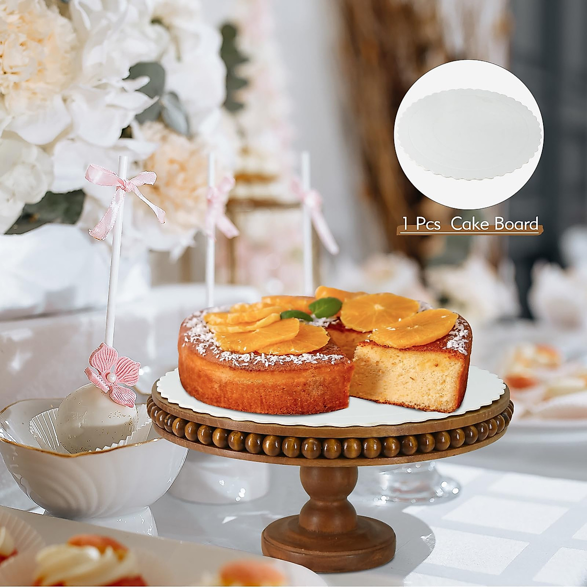 Ameuphercy Round Wooden Cake Stand with Disposable Cake Board, 9.9 in Diameter, 5 in Height, Brown