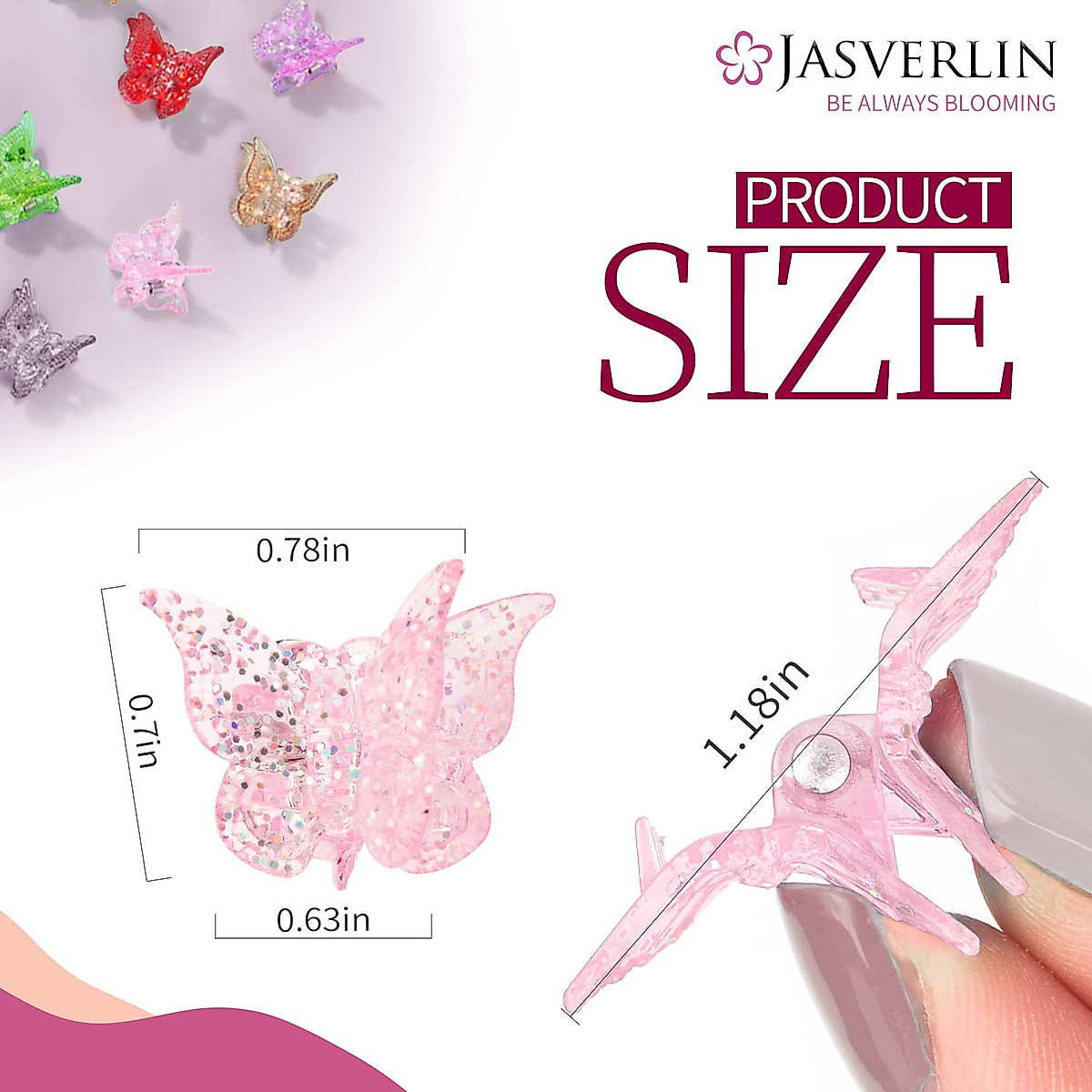 JASVERLIN Glitter Mini Butterfly Hair Claw Clips, Sparkly Colorful Hair Accessories for Girls and Women - 90s Y2K Cute, Small, Tiny Clip in 10 Assorted Colors, Set of 50 (Glitter)