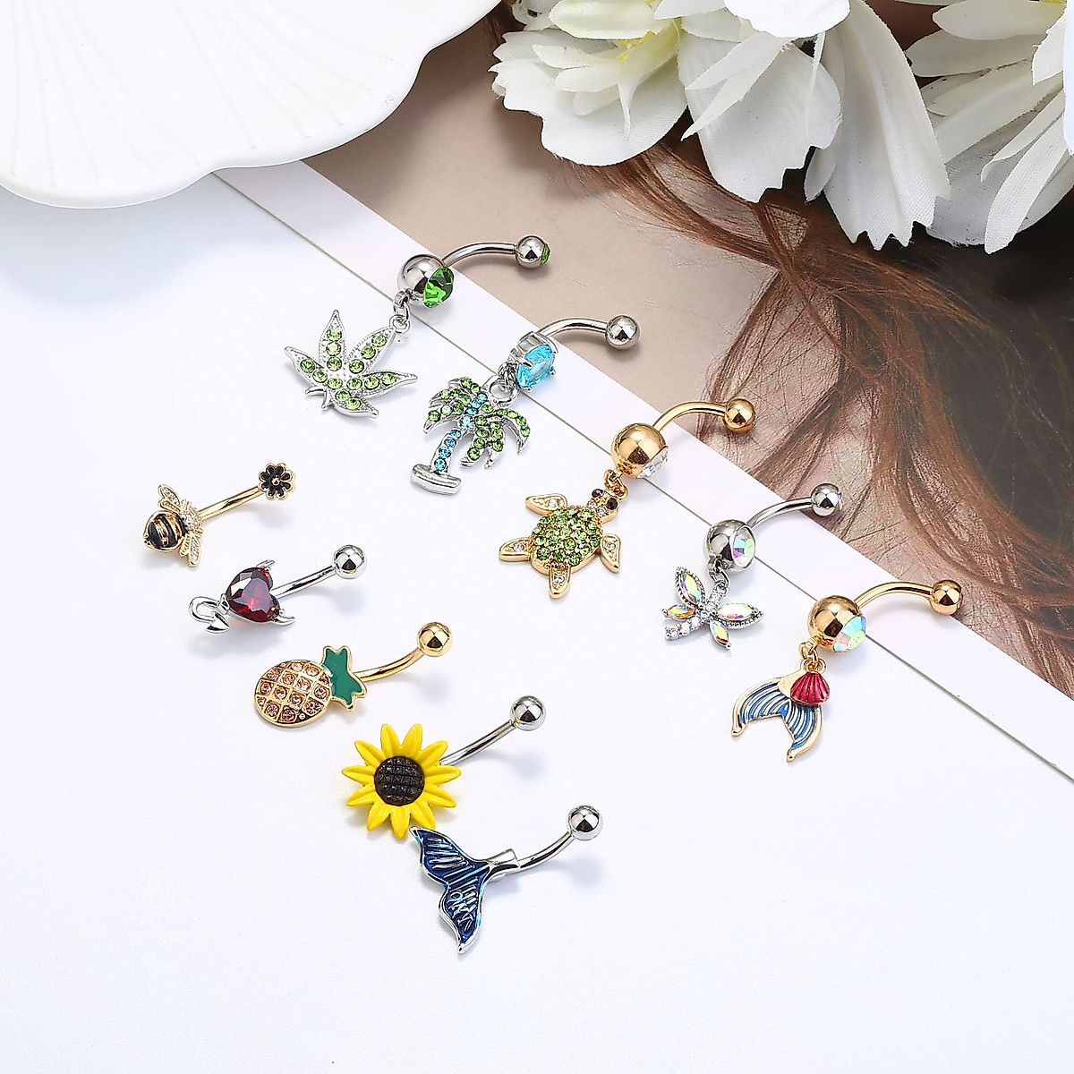 JeryWe 10Pcs 14G Dangle Belly Button Rings for Women Surgical Steel Cute Navel Rings Bee Pineapple Sunflower Turtle Butterfly Colorful Barbell CZ Body Piercing Jewelry