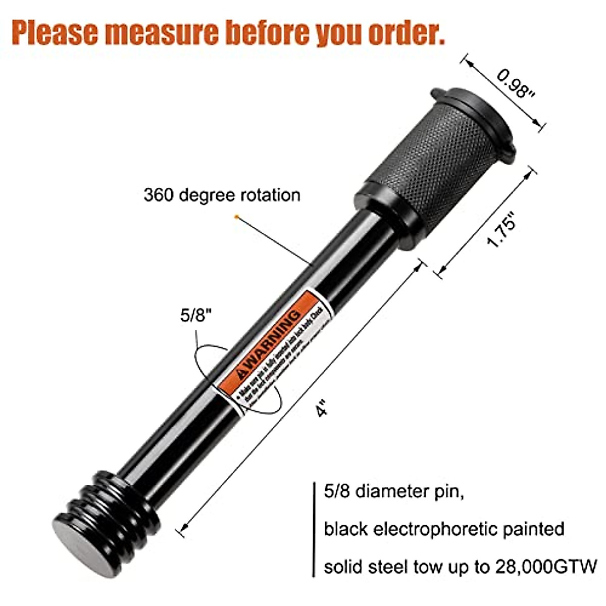 CZC AUTO Heavy Duty Trailer Hitch Receiver Lock Pin, 5/8 Inch Dia, 4 Inch Super Extra Long Black Pin for Class III IV Hitches, for Hitch Bike Rack Tray Ball Tow Rope for Trailer Truck Car Boat