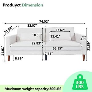 Aoowow 74" Comfy Loveseat Futon Sofa Couch for Living Room, 3 Seater Lounge Sofa for Bedroom, Modern Corduroy Sofa with 2 Lumbar Pillows, Deep Seat Sofa for Small Spaces, Office Couch, Beige